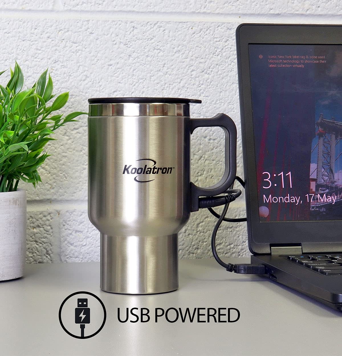 Koolatron 12V USB Insulated Travel Mug with Heater, 500 mL (17 oz), Silver and Black Stainless Steel for Car, SUV, Truck, Office, Home, Dorm
