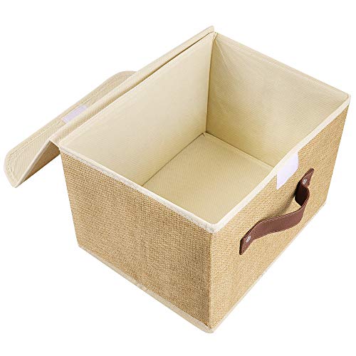 Lucky Monet 2 Pack Linen Fabric Foldable Storage Bin Set Collapsible Storage Box Cube Closet Organizer with Lid & Faux Leather Handle, 10βx8βx7β (Khaki)