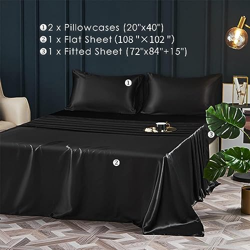 Koreyoshi 4 Pcs Satin Sheets - Luxury Silk Silky Super Soft Extra deep Pocket King Sheet Sets - Wrinkle & Fade Free - Fitted Sheet, Flat Sheet, Pillow Cases (Black, California King)