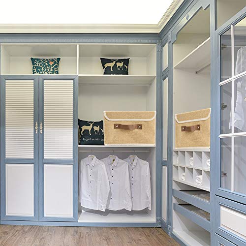 Lucky Monet 2 Pack Linen Fabric Foldable Storage Bin Set Collapsible Storage Box Cube Closet Organizer with Lid & Faux Leather Handle, 10βx8βx7β (Khaki)