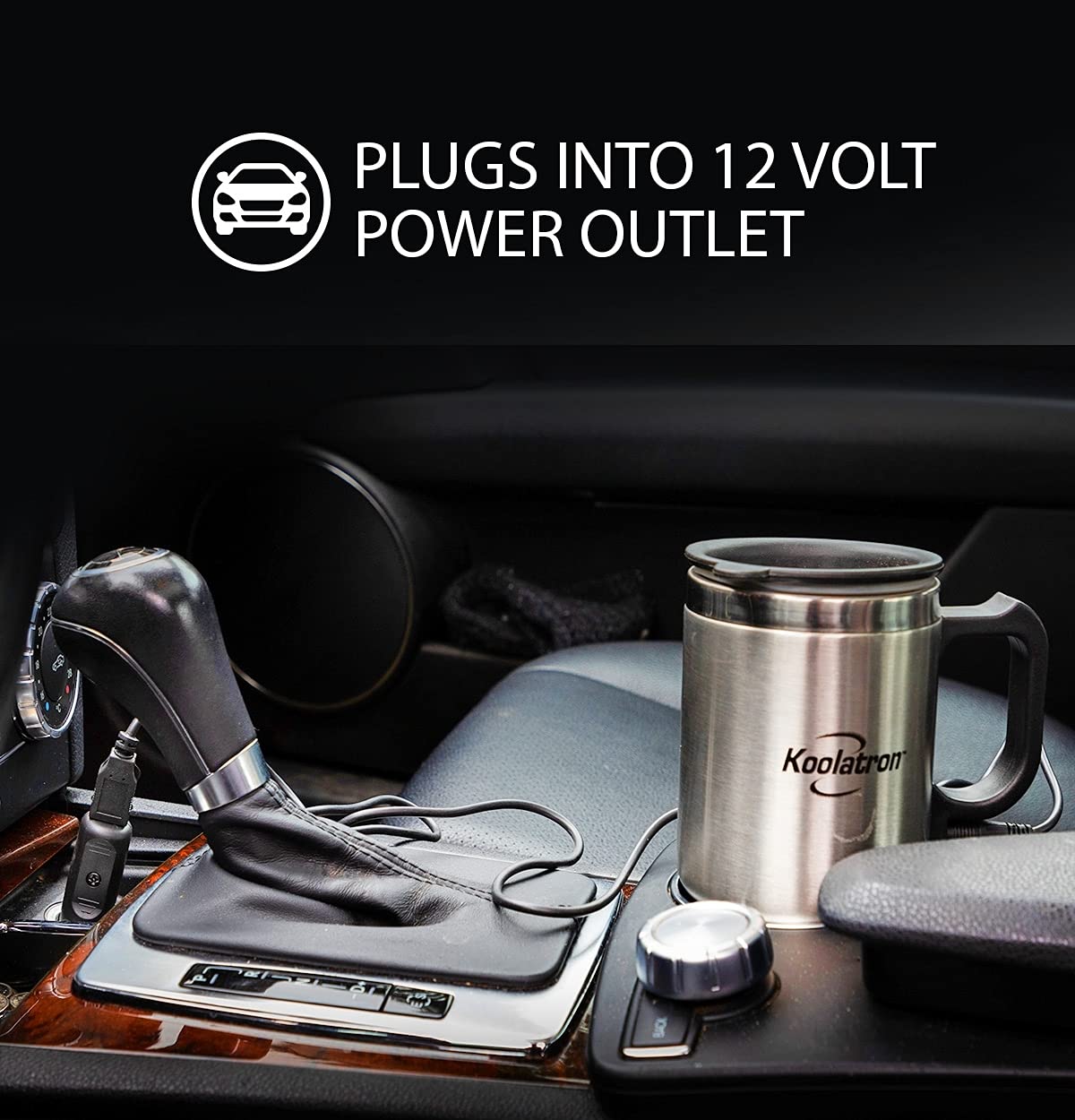 Koolatron 12V USB Insulated Travel Mug with Heater, 500 mL (17 oz), Silver and Black Stainless Steel for Car, SUV, Truck, Office, Home, Dorm