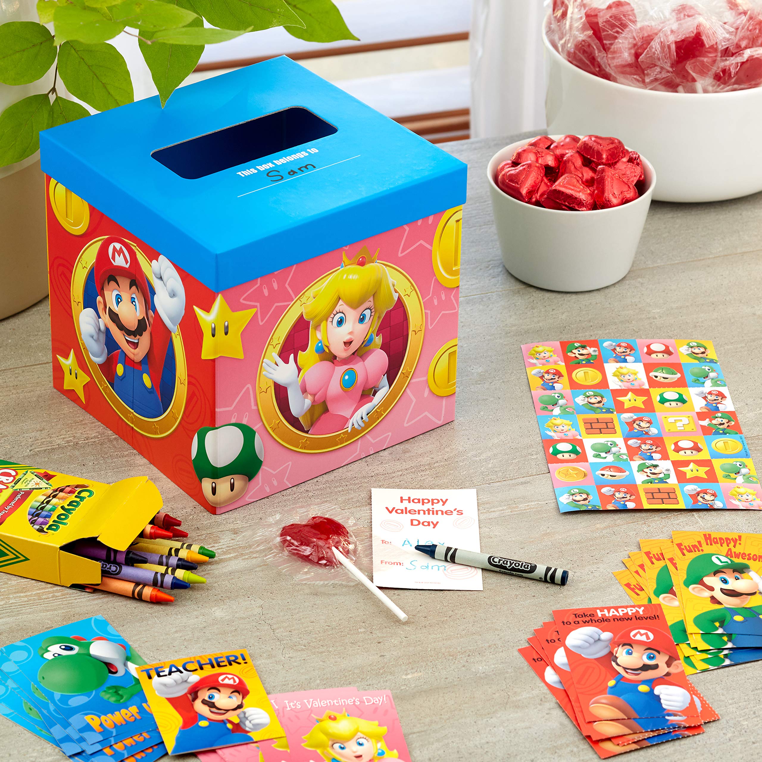 Hallmark Valentines Day Cards for Kids and Mailbox for Classroom Exchange, Super Mario Bros (1 Box, 32 Valentine Cards, 35 Stickers, 1 Teacher Card)