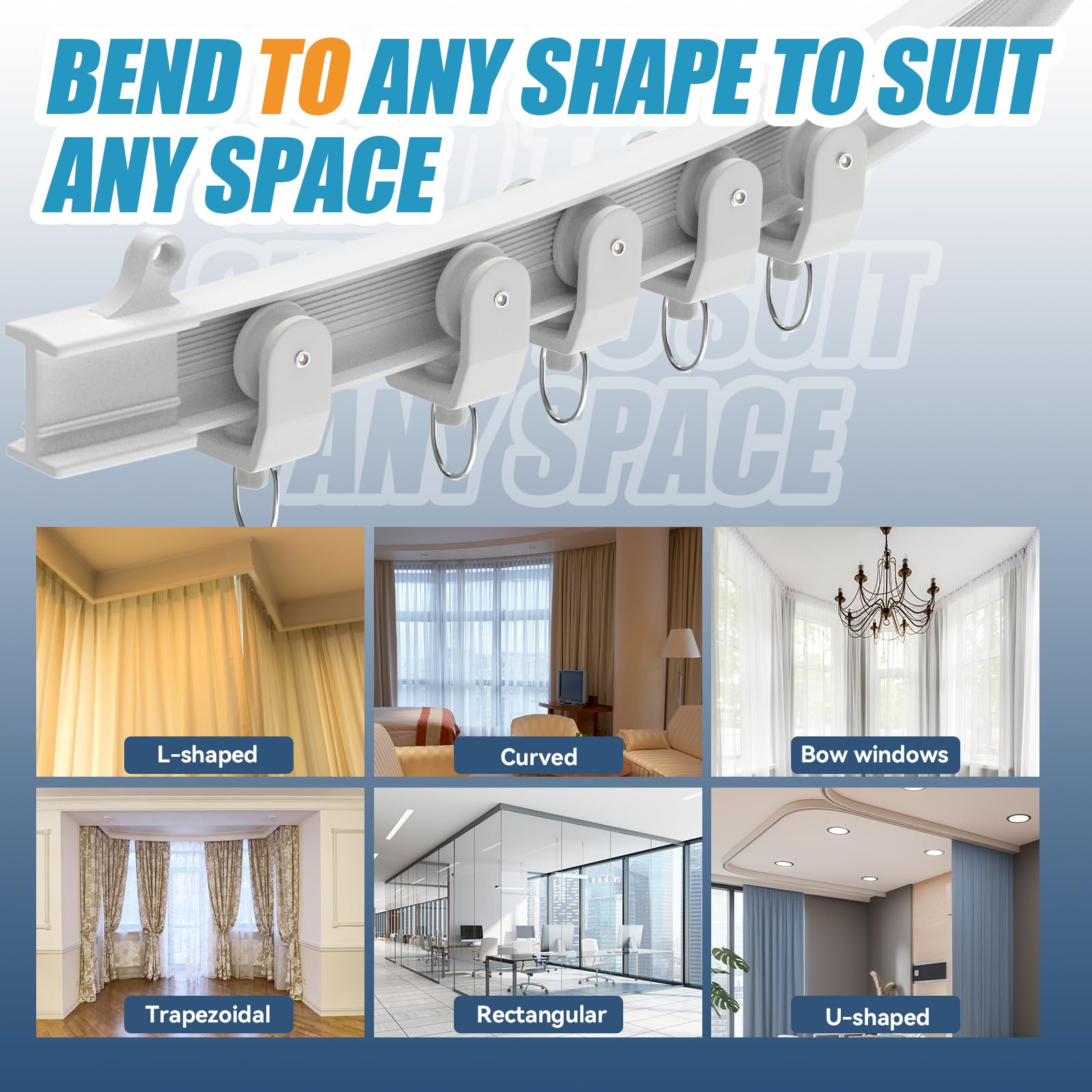 Super More 16.5 FT Bendable Curtain Track Ceiling Mounted Straight Curved Ceiling Track Set Top Side Mounting Ceiling for Installation Windows Curtain Room Divider Curtain - 5 Meter White