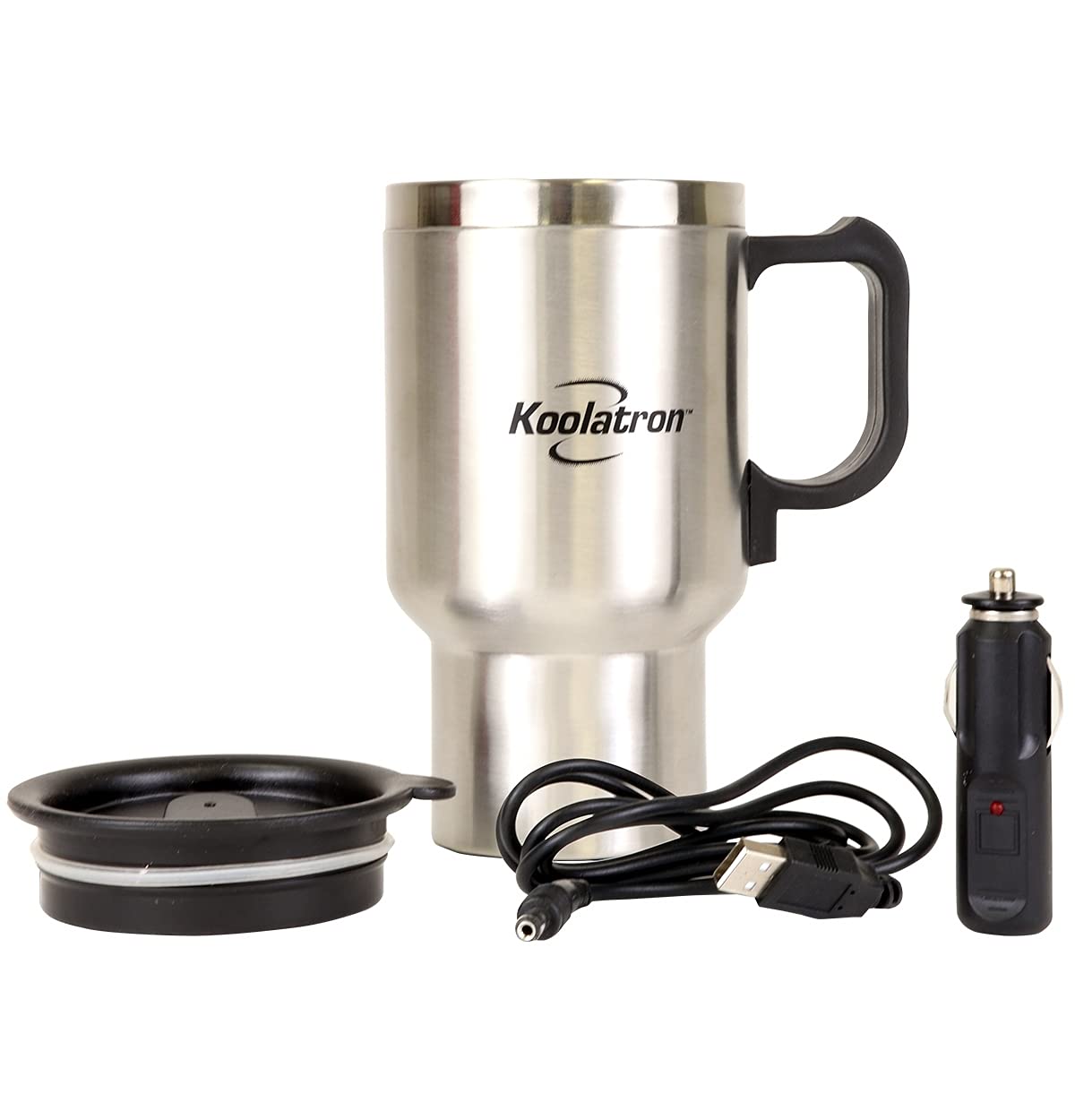 Koolatron 12V USB Insulated Travel Mug with Heater, 500 mL (17 oz), Silver and Black Stainless Steel for Car, SUV, Truck, Office, Home, Dorm