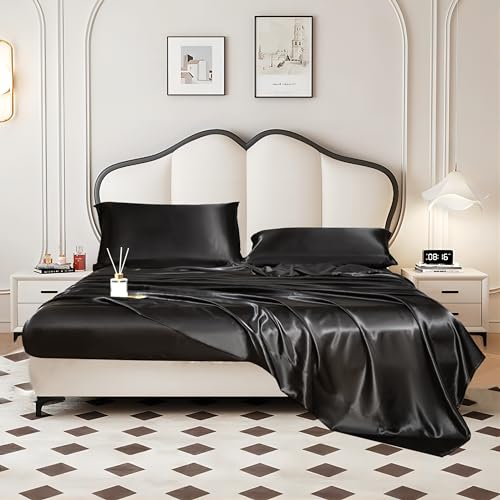 Koreyoshi 4 Pcs Satin Sheets - Luxury Silk Silky Super Soft Extra deep Pocket King Sheet Sets - Wrinkle & Fade Free - Fitted Sheet, Flat Sheet, Pillow Cases (Black, California King)