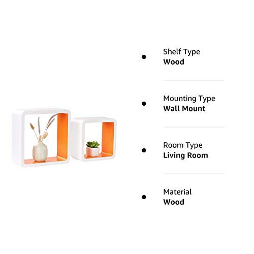 Homewell Set of 2 Cube Floating Shelves, Wood Wall Shelves for Home Decoration, Storage Display Rack, White+Orange.