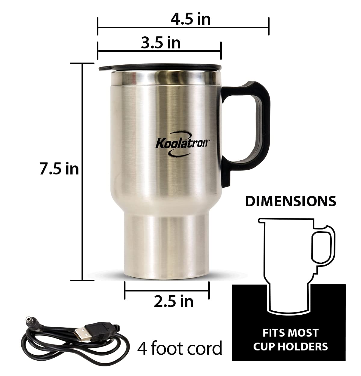 Koolatron 12V USB Insulated Travel Mug with Heater, 500 mL (17 oz), Silver and Black Stainless Steel for Car, SUV, Truck, Office, Home, Dorm