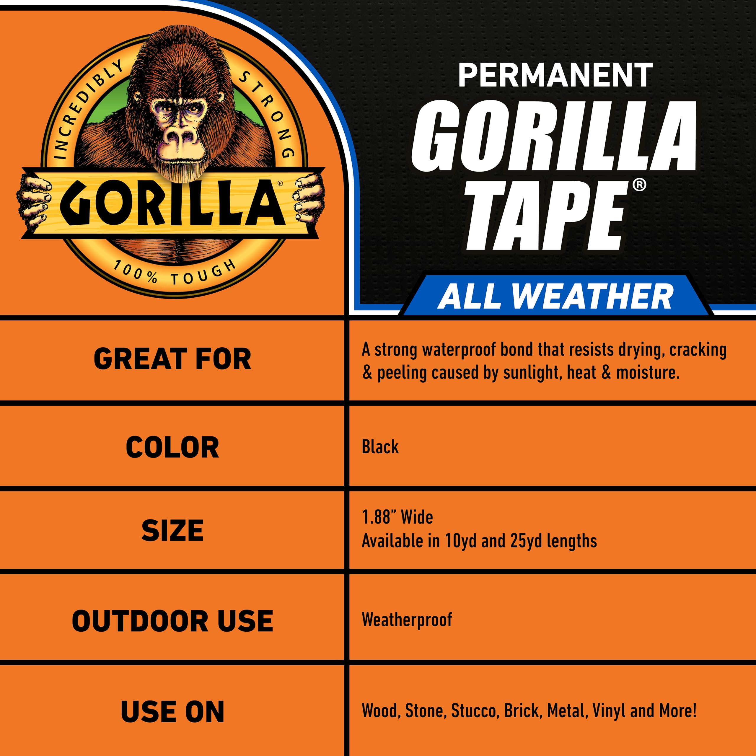 Gorilla All Weather Outdoor Waterproof Duct Tape, UV and Temperature Resistant, 1.88" x 25 yd, Black, (Pack of 1)