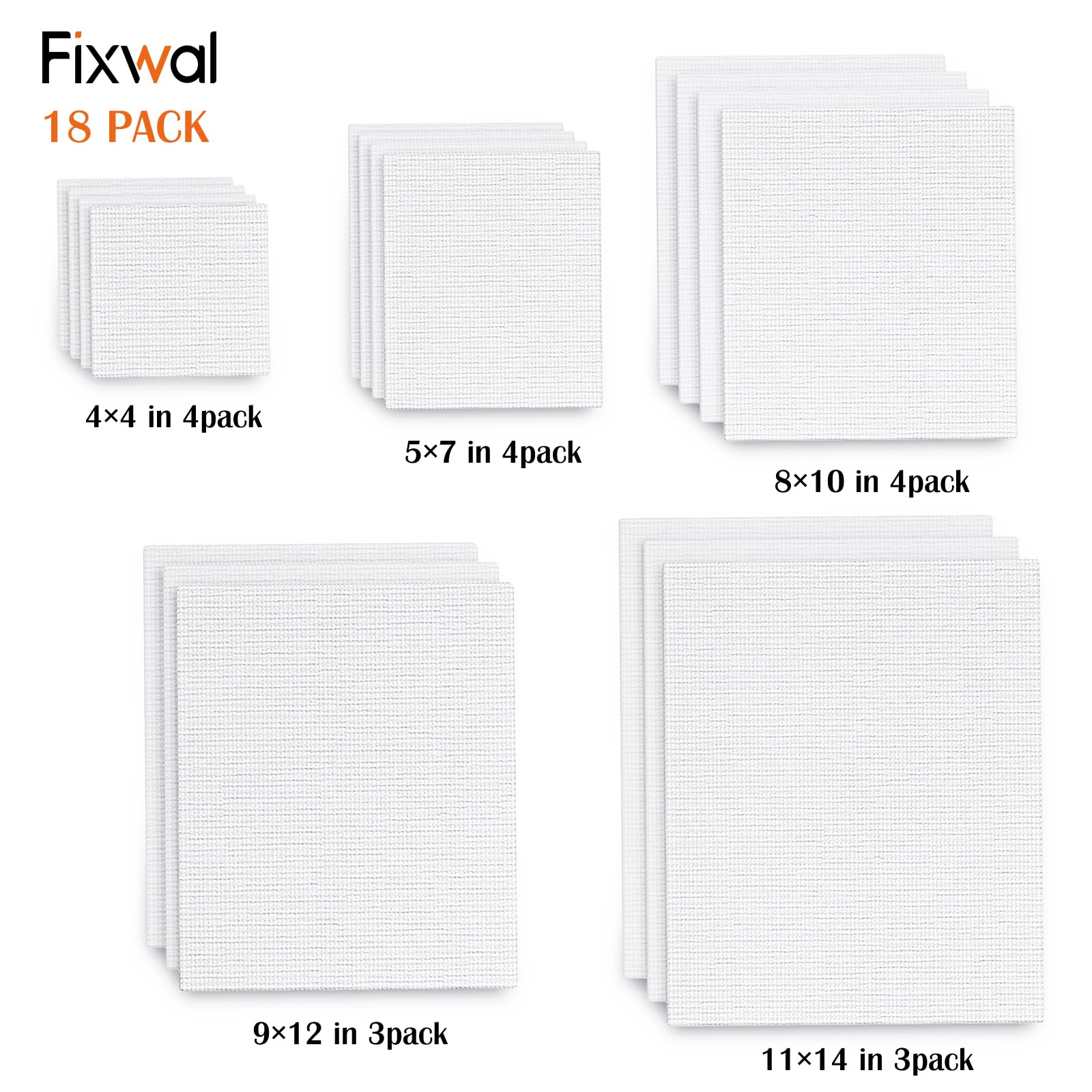 Fixwal 18 Pack Canvases for Painting Art Canvas Boards Canvas Panels Multipack, 4x4, 5x7, 8x10, 9x12, 11x14 Inches, 3mm Thickness Canvas Value Multi Pack for Acrylic Pouring, Oil Paint Art