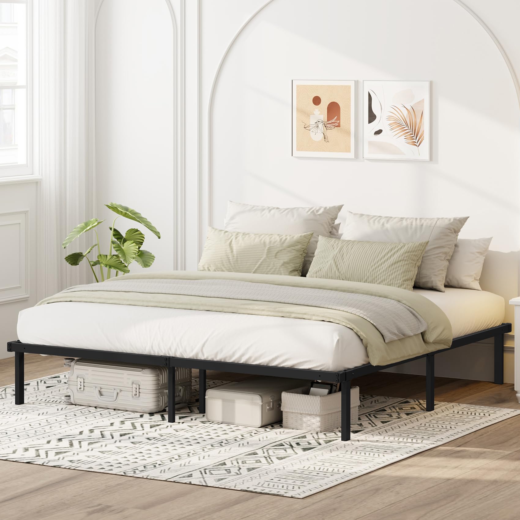 Flolinda Foldable King Bed Frame Metal Platform Bed 10 Minutes Quick Assembly Steel Slats 11 Feet Support No Box Spring Needed 14inch Black