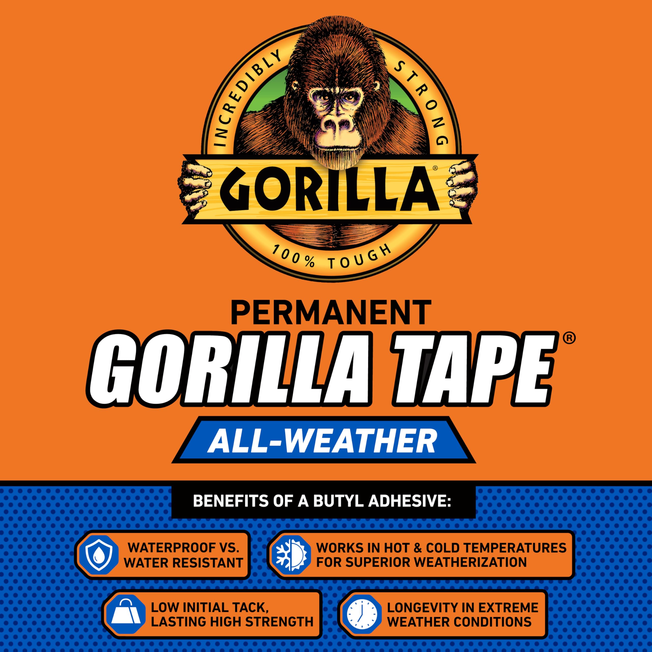 Gorilla All Weather Outdoor Waterproof Duct Tape, UV and Temperature Resistant, 1.88" x 25 yd, Black, (Pack of 1)