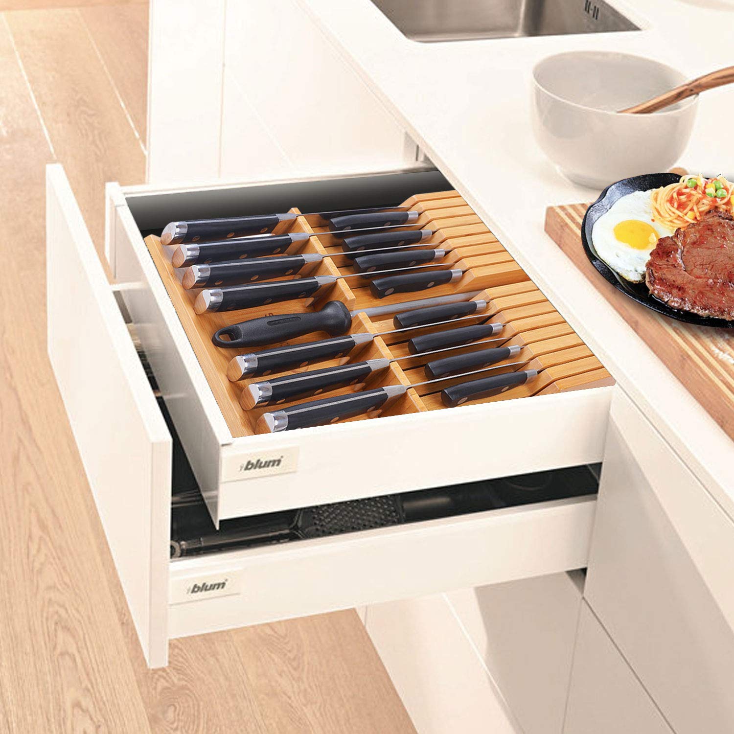 Utoplike 4 Pack Bamboo Kitchen Drawer Dividers and Bamboo Kitchen Knife Drawer Organizer Set
