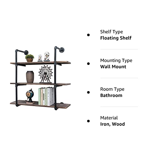 Industrial Pipe Shelving Wall Mounted,36in Rustic Metal Floating Shelves,Steampunk Real Wood Book Shelves,Wall Shelf Unit Bookshelf Hanging Wall Shelves,Farmhouse Kitchen Bar Shelving(3 Tier)