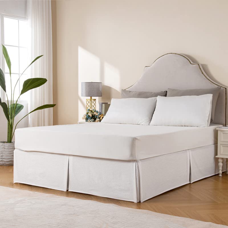 MIYE Pleated Waffle Weave Bed Skirt, Tailored Dust Ruffle 14 Inch Drop Easy Fit, Machine Washable (White, Queen - 14" Drop)