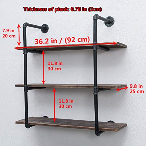 Industrial Pipe Shelving Wall Mounted,36in Rustic Metal Floating Shelves,Steampunk Real Wood Book Shelves,Wall Shelf Unit Bookshelf Hanging Wall Shelves,Farmhouse Kitchen Bar Shelving(3 Tier)