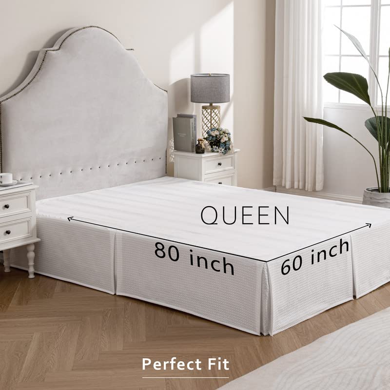 MIYE Pleated Waffle Weave Bed Skirt, Tailored Dust Ruffle 14 Inch Drop Easy Fit, Machine Washable (White, Queen - 14" Drop)
