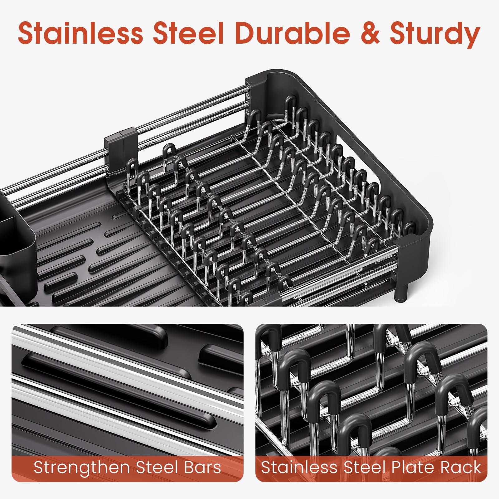 TOOLF Extendable Dish Rack, Dual Part Dish Drainers with Non-Scratch and Movable Cutlery Drainer and Drainage Spout, Adjustable Dish Drying Rack for Kitchen, 1 Piece Black