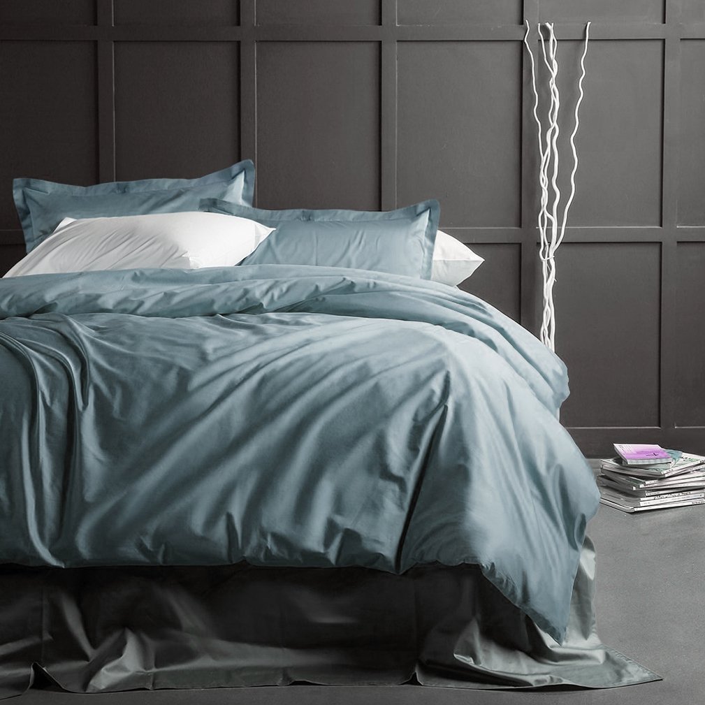 Solid Color Egyptian Cotton Duvet Cover Luxury Bedding Set High Thread Count Long Staple Sateen Weave Silky Soft Breathable Pima Quality Bed Linen (Queen, Stormy Sea)