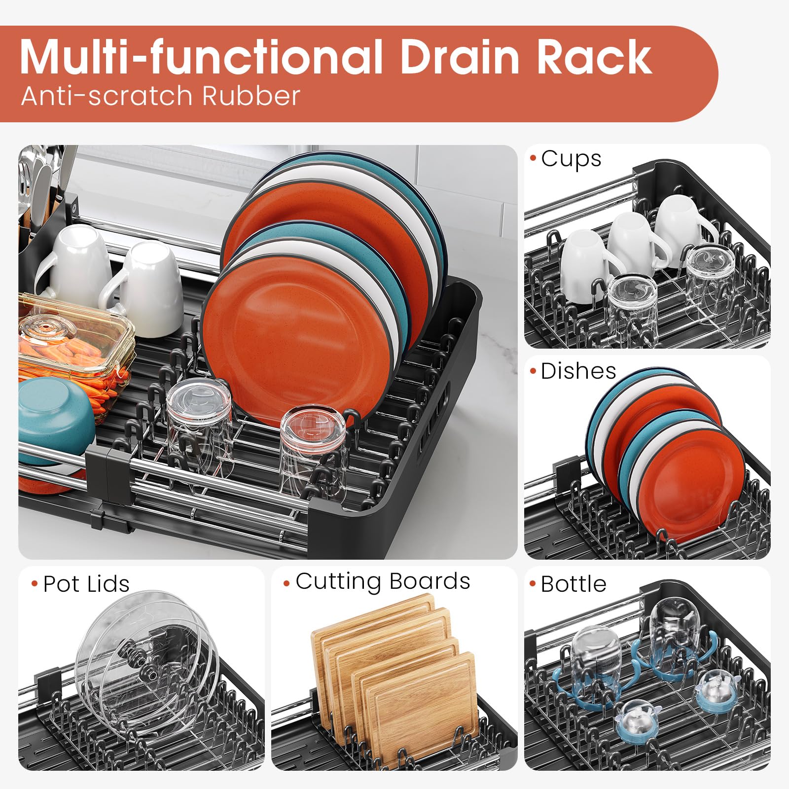TOOLF Extendable Dish Rack, Dual Part Dish Drainers with Non-Scratch and Movable Cutlery Drainer and Drainage Spout, Adjustable Dish Drying Rack for Kitchen, 1 Piece Black