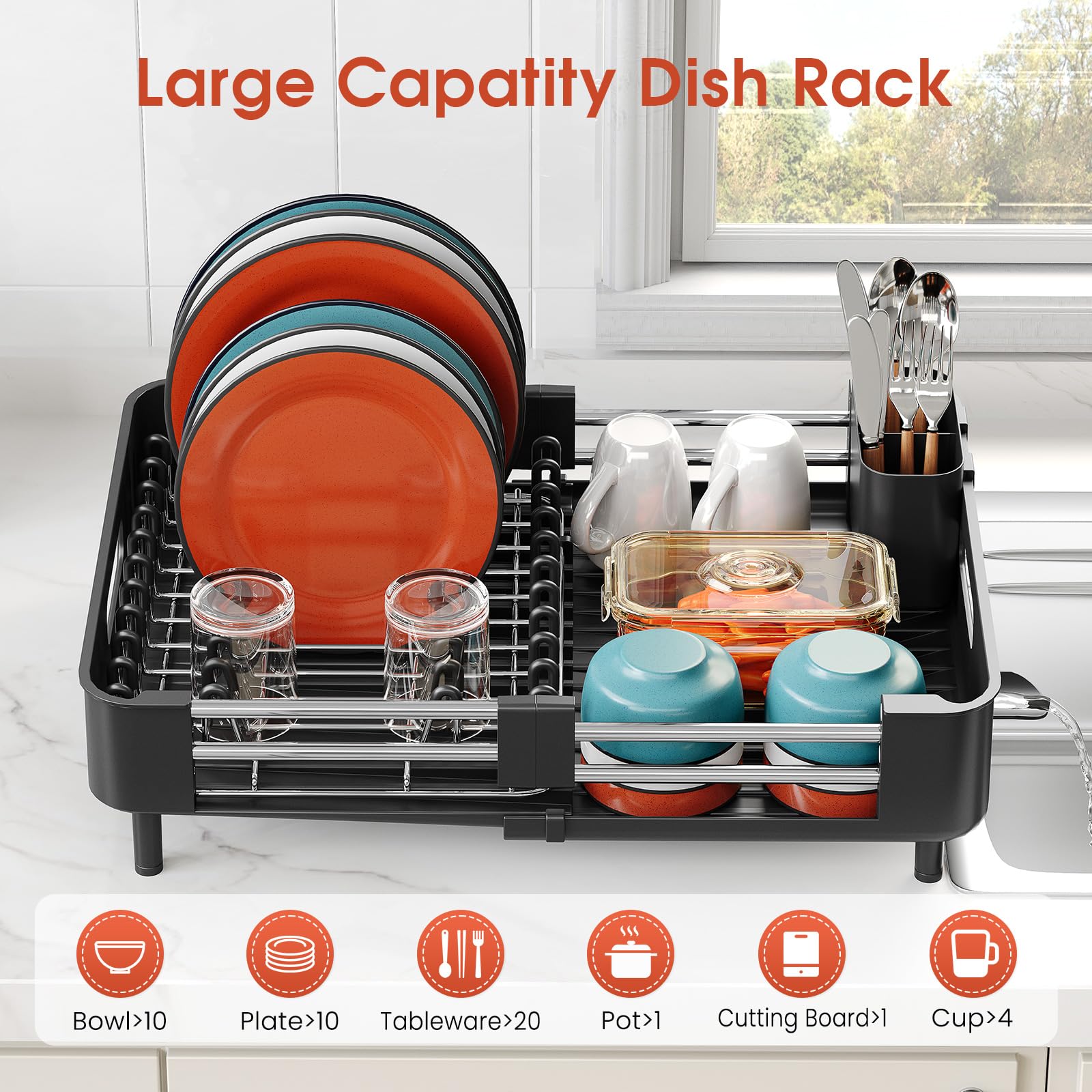 TOOLF Extendable Dish Rack, Dual Part Dish Drainers with Non-Scratch and Movable Cutlery Drainer and Drainage Spout, Adjustable Dish Drying Rack for Kitchen, 1 Piece Black