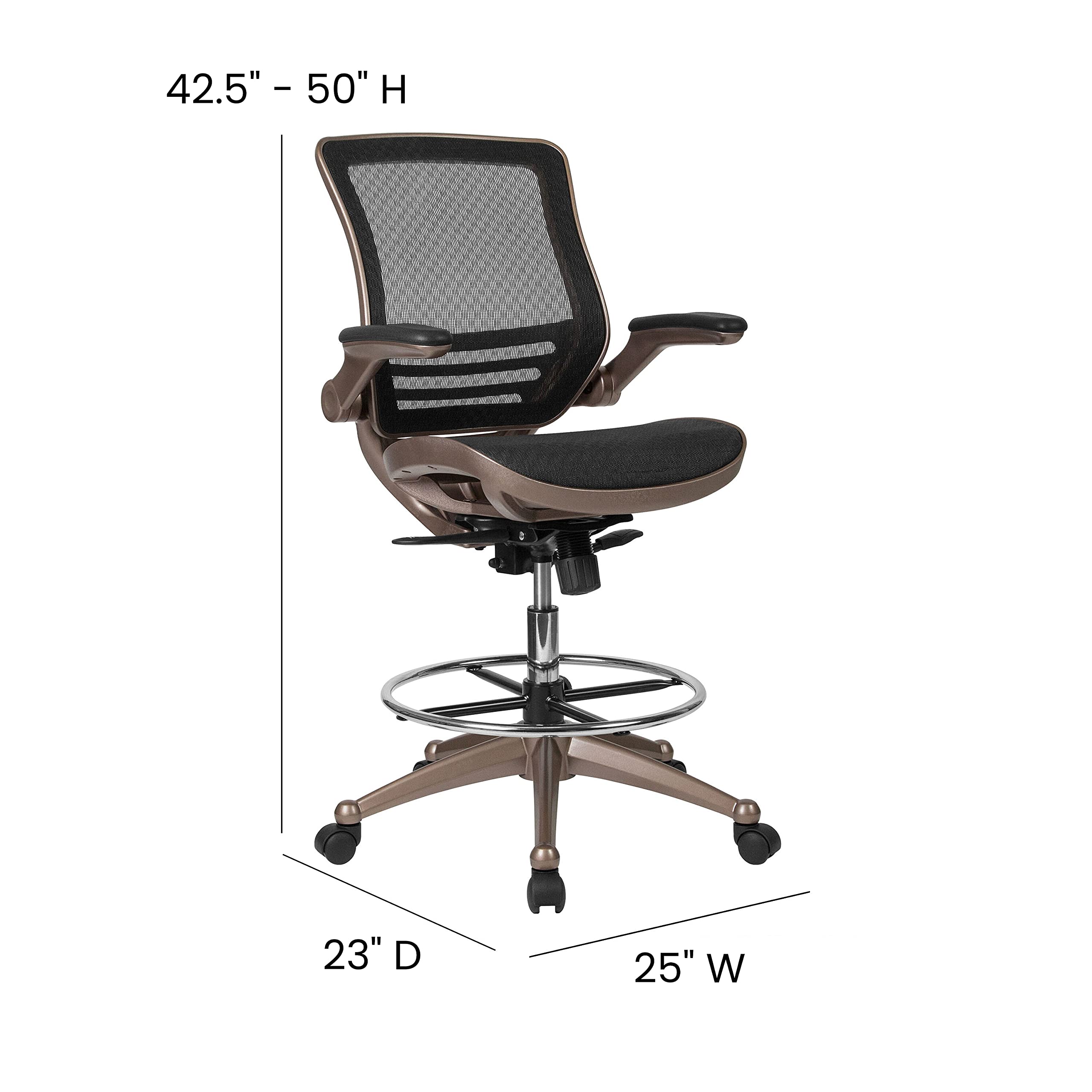 Flash Furniture Mid-Back Transparent Black Mesh Drafting Chair with Melrose Gold Frame and Flip-Up Arms