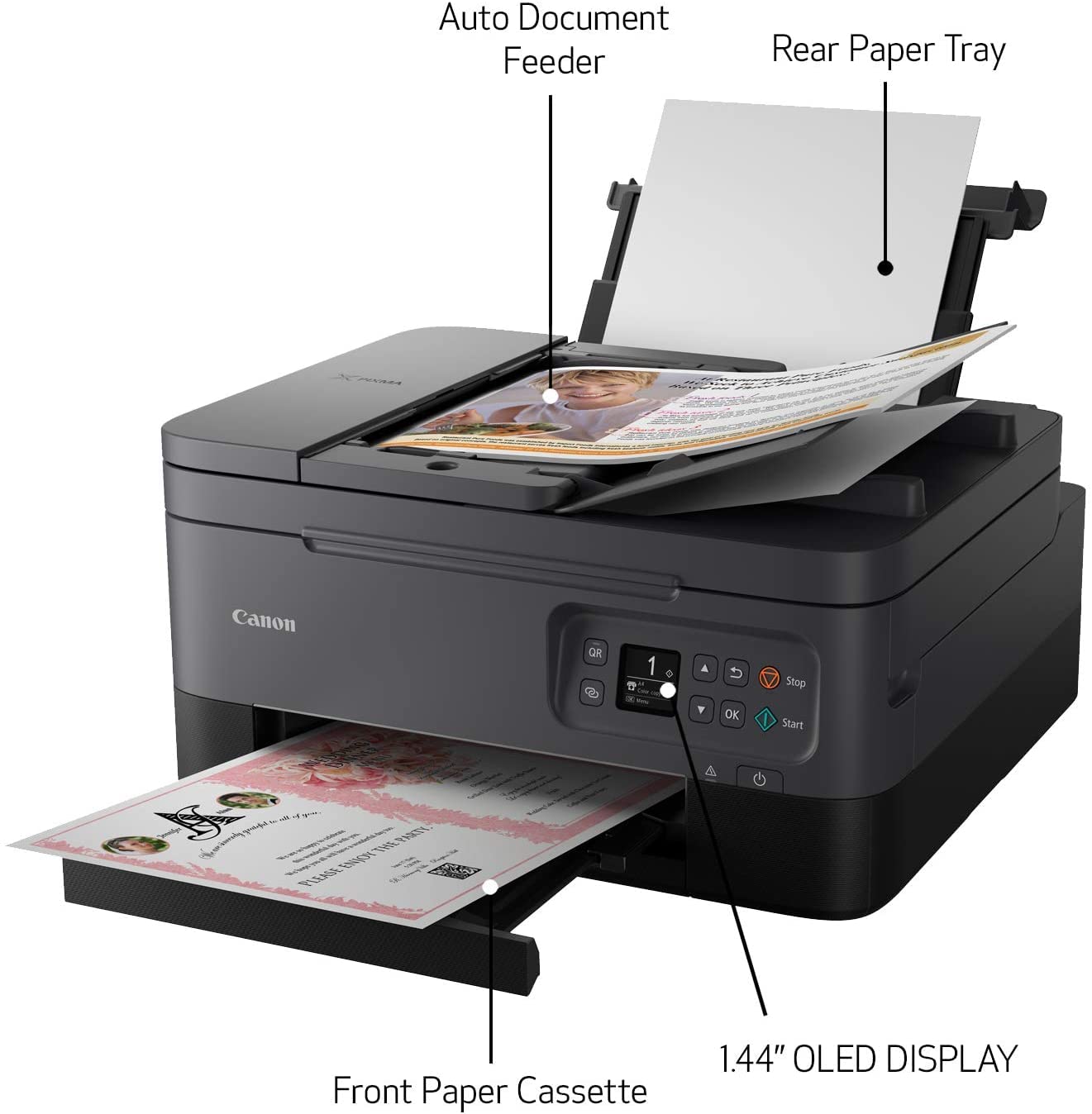 Canon PIXMA TR70 22 All-in-One Wireless Bluetooth Color Inkjet Printer, Black - Print Copy Scan - 1.44" OLED, 13 ipm, 4800x1200 dpi, 8.5x14, Auto 2-Sided Printing, 35-Sheet ADF, BROAGE Printer Cable