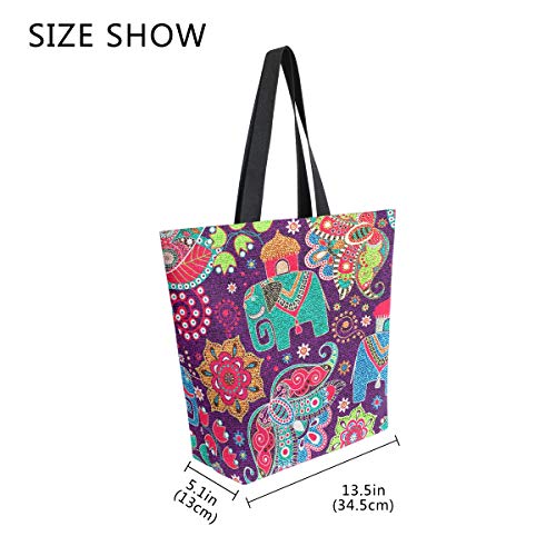 ALAZA Large Canvas Tote Bag Cute Indian Floral Elephant Shopping Shoulder Handbag with Small Zippered Pocket