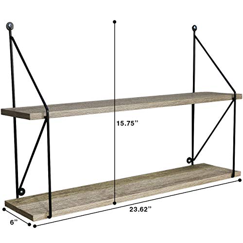 Sorbus® Floating Shelf with Metal Brackets — Wall Mounted Rustic Wood Wall Storage, Decorative Hanging Display for Trophy, Photo Frames, Collectibles, and Much More (2-Tier – Grey)