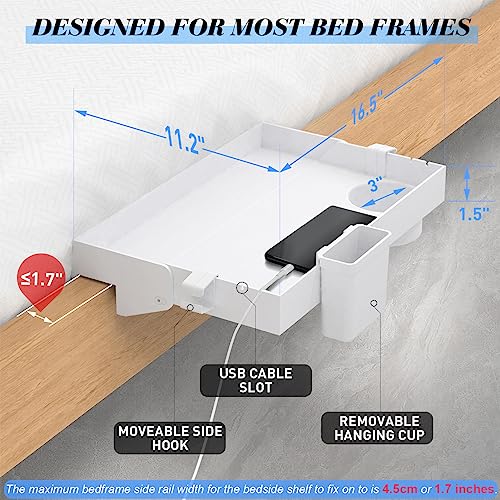 Ronlap Folding Bedside Shelf, Bunk Bed Shelf Organizer for Top Bunk Clip On Nightstand for Loft Bed Plastic Bedside Shelf Tray for Kids with Cupholder Hooks Hanging Cup, Plus Size, White