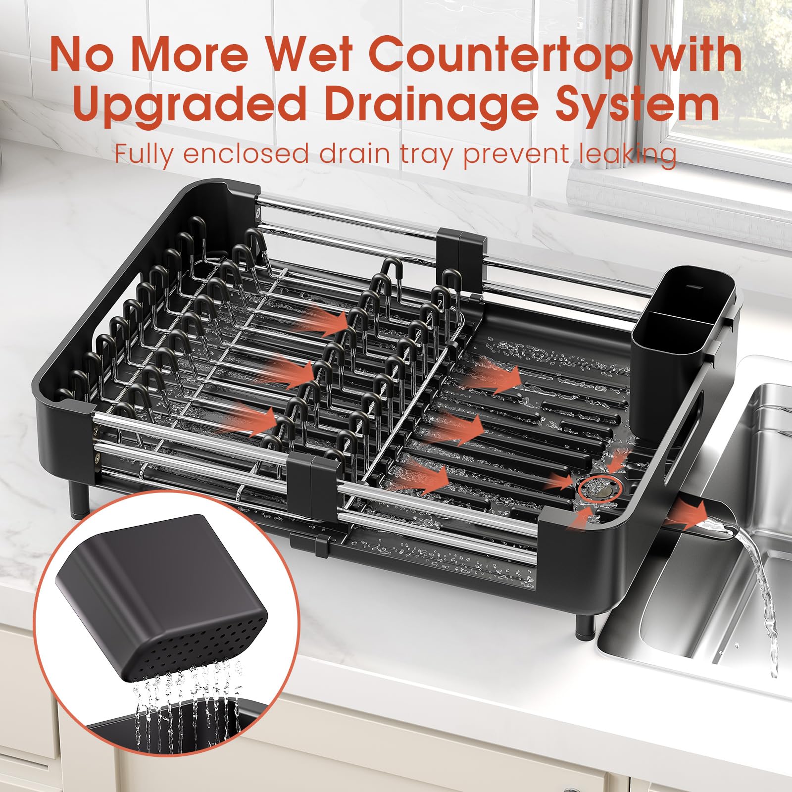 TOOLF Extendable Dish Rack, Dual Part Dish Drainers with Non-Scratch and Movable Cutlery Drainer and Drainage Spout, Adjustable Dish Drying Rack for Kitchen, 1 Piece Black