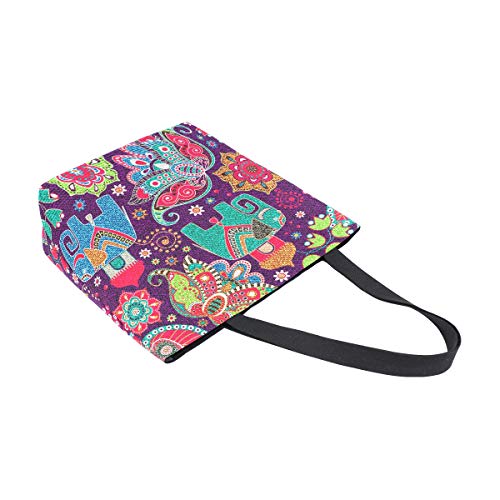 ALAZA Large Canvas Tote Bag Cute Indian Floral Elephant Shopping Shoulder Handbag with Small Zippered Pocket