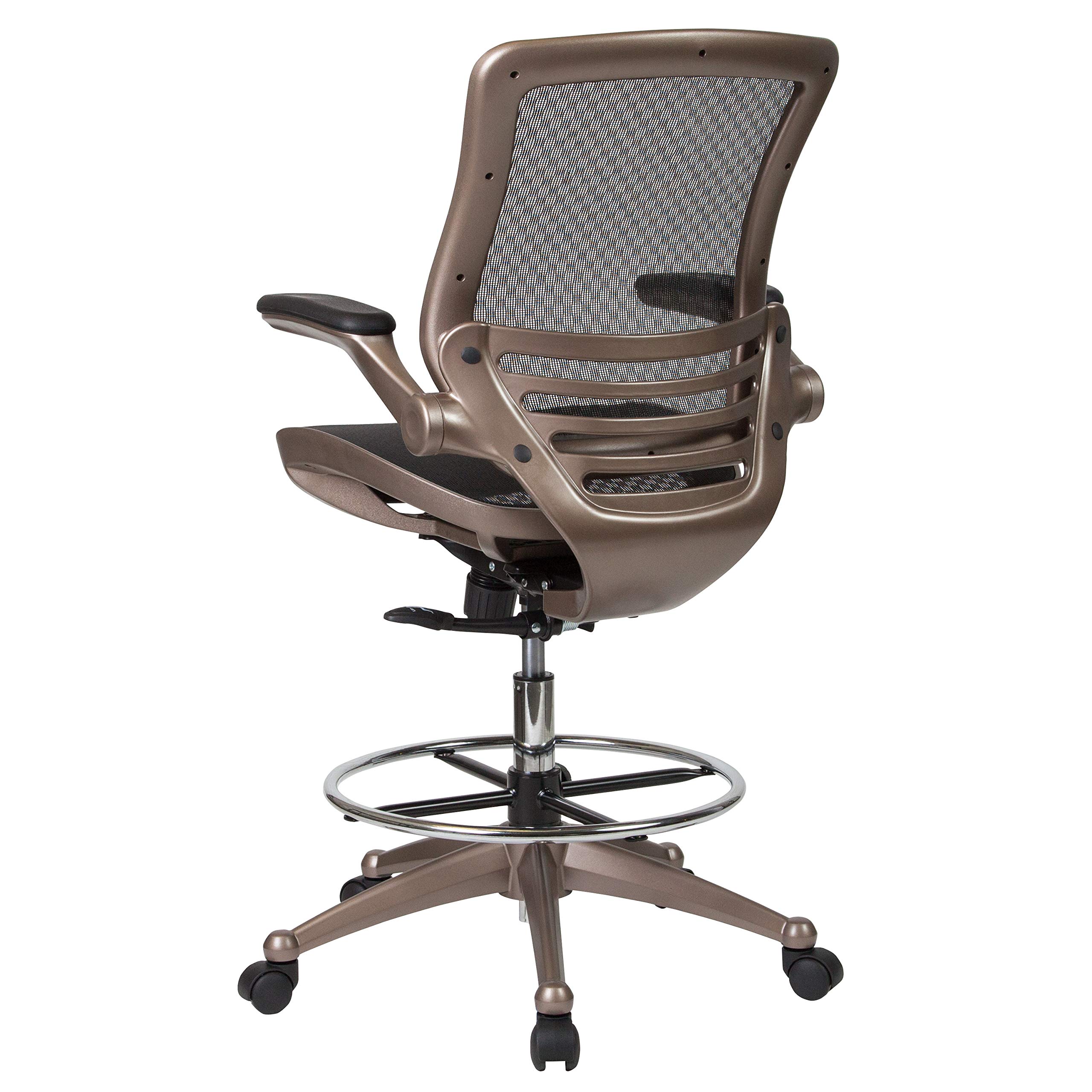 Flash Furniture Mid-Back Transparent Black Mesh Drafting Chair with Melrose Gold Frame and Flip-Up Arms