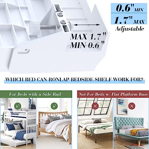 Ronlap Folding Bedside Shelf, Bunk Bed Shelf Organizer for Top Bunk Clip On Nightstand for Loft Bed Plastic Bedside Shelf Tray for Kids with Cupholder Hooks Hanging Cup, Plus Size, White