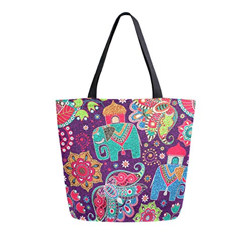ALAZA Large Canvas Tote Bag Cute Indian Floral Elephant Shopping Shoulder Handbag with Small Zippered Pocket