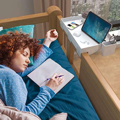 Ronlap Folding Bedside Shelf, Bunk Bed Shelf Organizer for Top Bunk Clip On Nightstand for Loft Bed Plastic Bedside Shelf Tray for Kids with Cupholder Hooks Hanging Cup, Plus Size, White