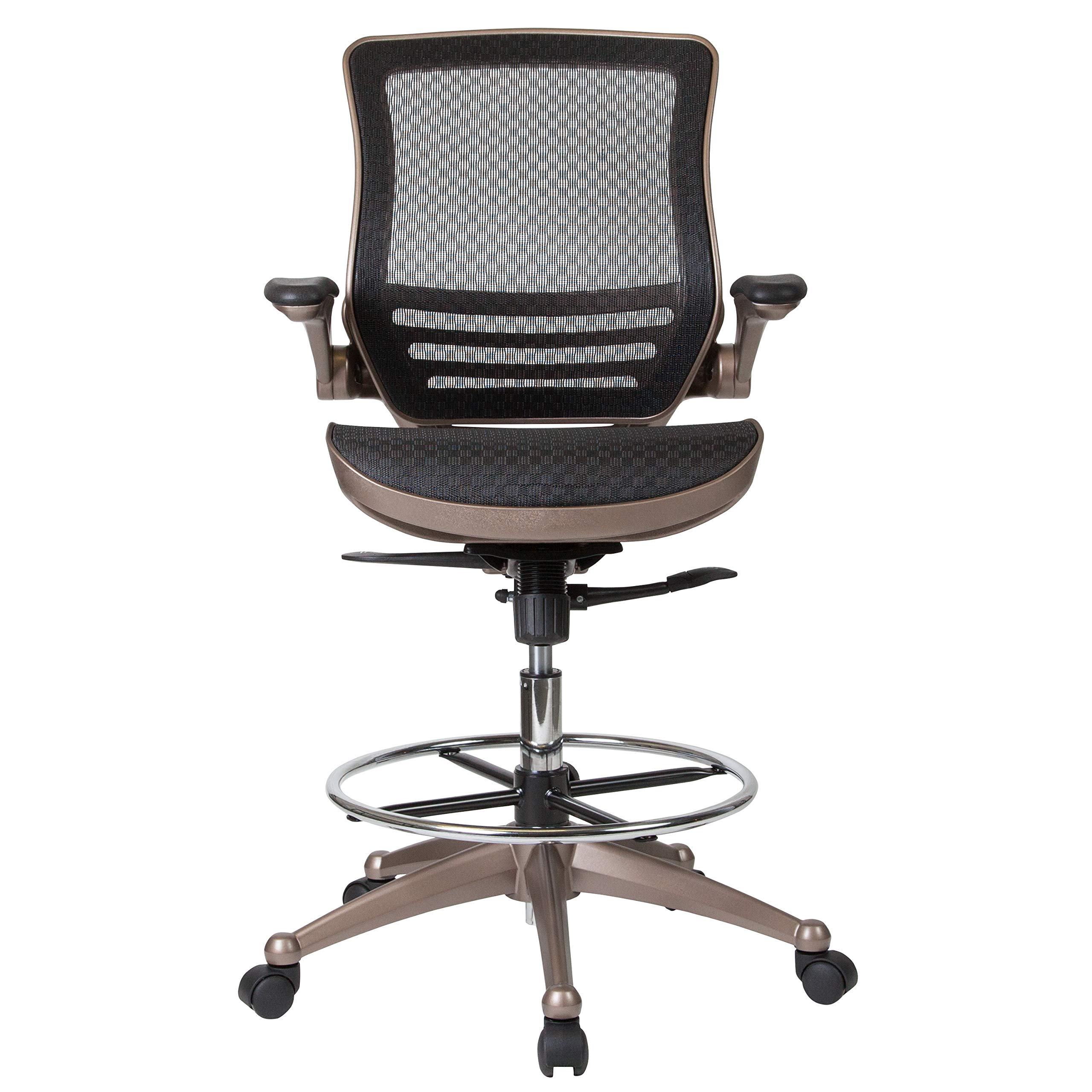 Flash Furniture Mid-Back Transparent Black Mesh Drafting Chair with Melrose Gold Frame and Flip-Up Arms