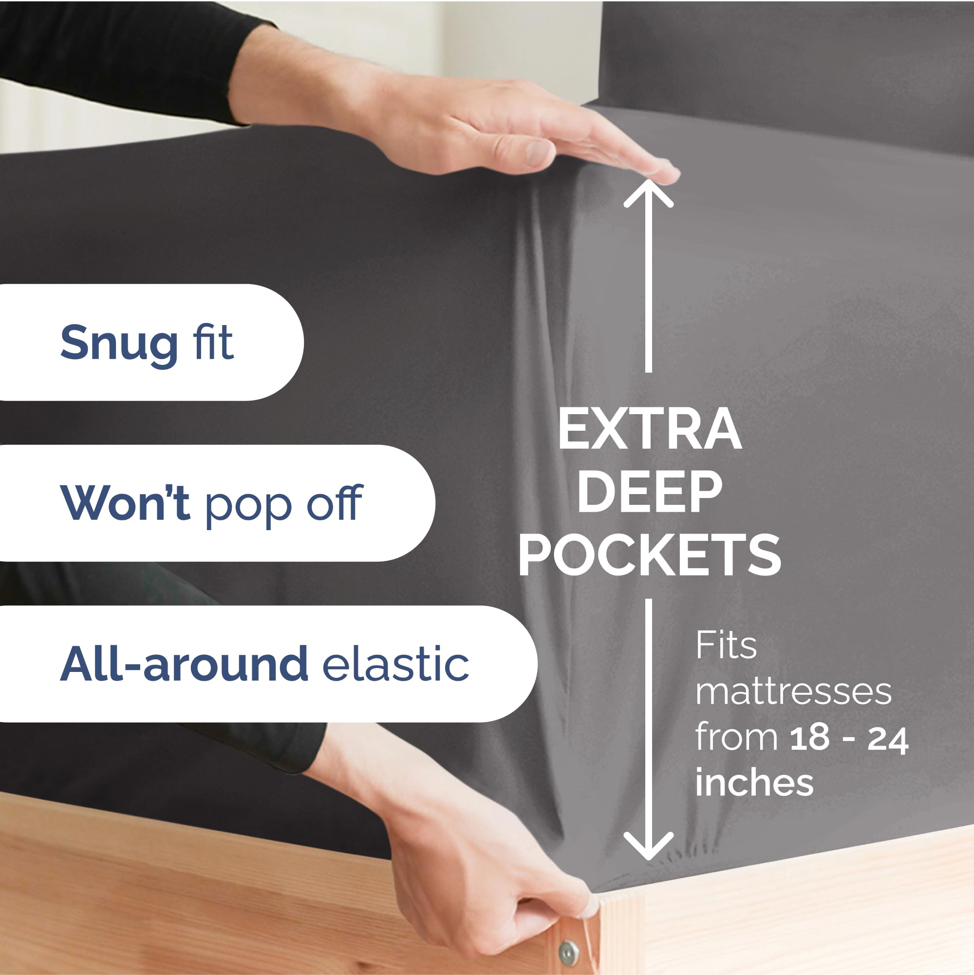 Extra Deep Cal King Fitted Sheet - Hotel Luxury Single Fitted Sheet Only - Easily Fits 18 inch to 24 inch Mattress - Ultra Soft, Wrinkle Free with Extra Deep Pockets - Breathable & Comfy - Dark Grey