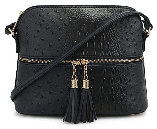 SG SUGU Crocodile Pattern Lightweight Medium Dome Crossbody Bag Shoulder Bag with Tassel | Black