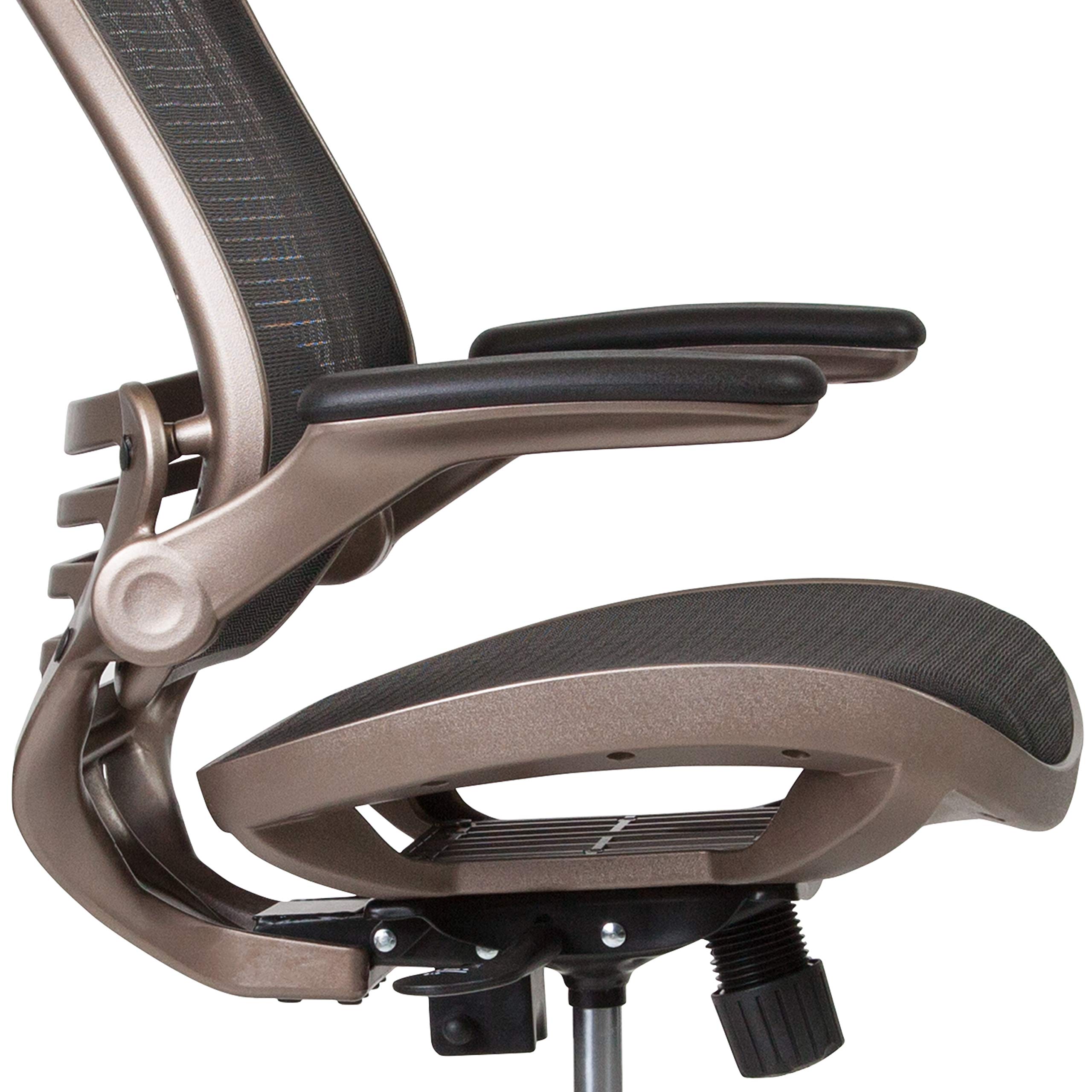 Flash Furniture Mid-Back Transparent Black Mesh Drafting Chair with Melrose Gold Frame and Flip-Up Arms
