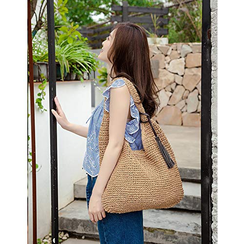 QTKJ Hand-woven Soft Large Straw Shoulder Bag with Black Tassels Boho Straw Handle Tote Retro Summer Beach Bag Rattan Handbag (Brown)