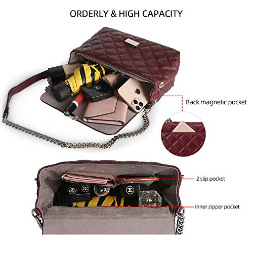 DORIS&JACKY Leather Quilted Shoulder Handbags Classical Crossbody Purse with Metal Chain Wine Red