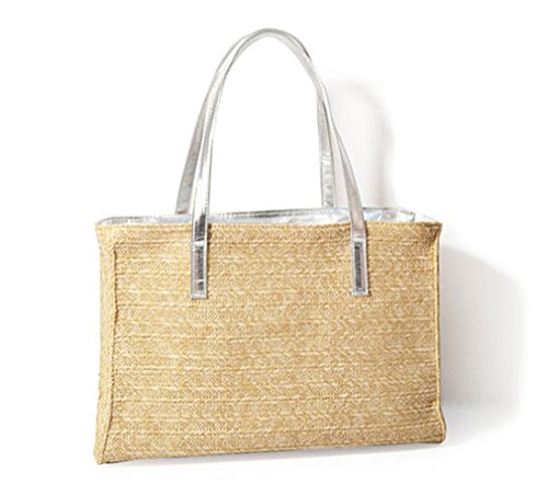HOXIS Holiday Beach Straw Faux Leather Handle Tote Womens Shoulder Handbag (Silver)