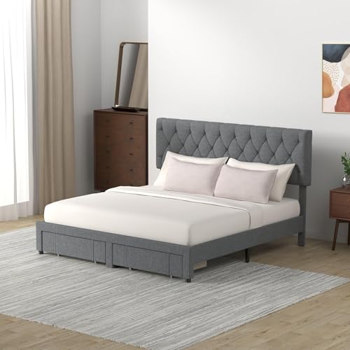 GAOMON Full Size Bed Frame with 2 Storage Drawers, Upholstered Platform Bed Frame with Adjustable Button Tufted Headboard, Mattress Foundation with Solid Wooden Slats Support, No Box Spring Needed