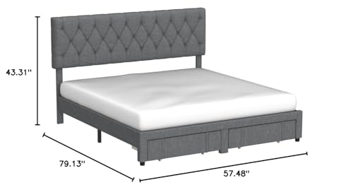 GAOMON Full Size Bed Frame with 2 Storage Drawers, Upholstered Platform Bed Frame with Adjustable Button Tufted Headboard, Mattress Foundation with Solid Wooden Slats Support, No Box Spring Needed
