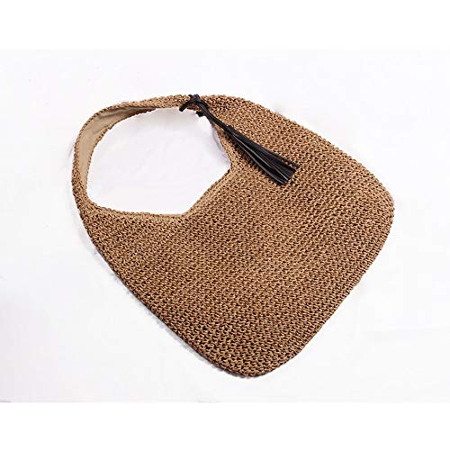 QTKJ Hand-woven Soft Large Straw Shoulder Bag with Black Tassels Boho Straw Handle Tote Retro Summer Beach Bag Rattan Handbag (Brown)