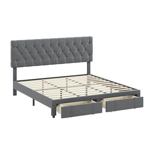 GAOMON Full Size Bed Frame with 2 Storage Drawers, Upholstered Platform Bed Frame with Adjustable Button Tufted Headboard, Mattress Foundation with Solid Wooden Slats Support, No Box Spring Needed