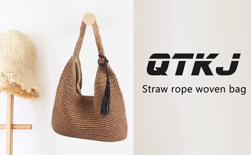 QTKJ Hand-woven Soft Large Straw Shoulder Bag with Black Tassels Boho Straw Handle Tote Retro Summer Beach Bag Rattan Handbag (Brown)