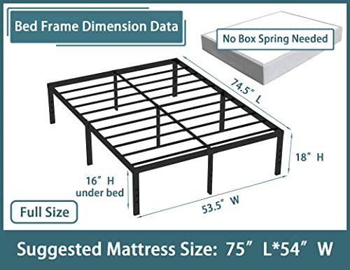 Rooflare Full Bed Frame 18 Inch Tall 9 Legs Max 3500lbs Heavy Duty Metal Full Size Platform for Boys Girls Kids No Box Spring Needed Black Easy to Assemble-Black