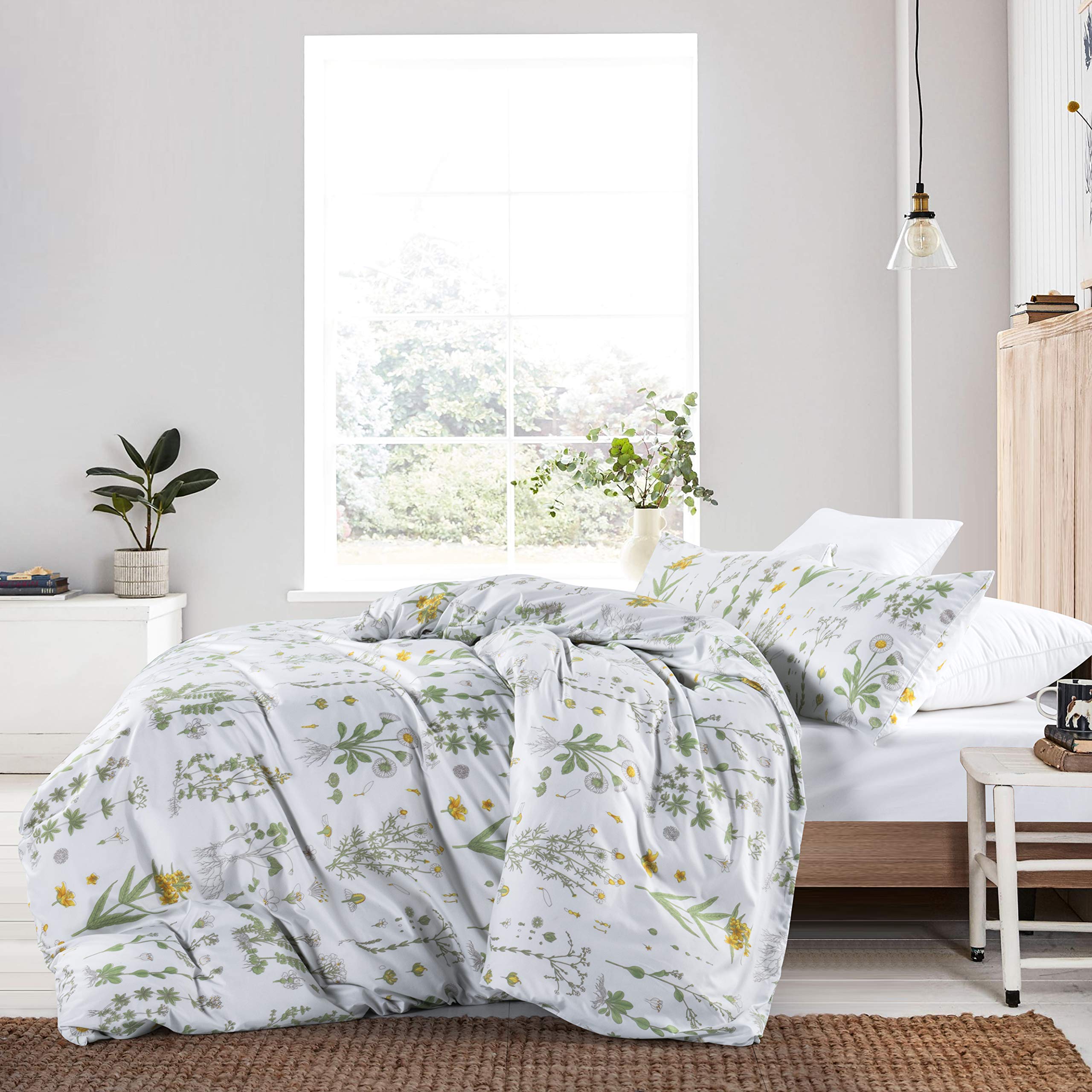GETIANN Floral Duvet Cover Set Full/Queen Comforter Cover Set Spring Plant Printed 90"x90"(1 Comforter Cover and 2 Pillow Shams Soft Bedding Set