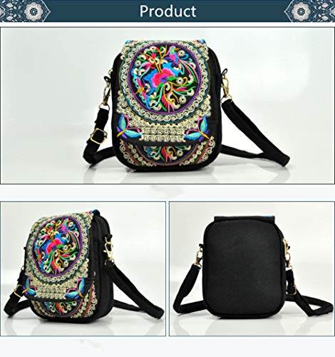 BigBigMe Women Ethnic Embroidered Handmade Mini Canvas Crossbody Shoulder Boho Travel Handbag Cell Phone Purse Wallet, Multicolor, 5.9 * 1.9 * 7.0 inch